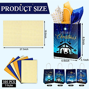 Cholemy 205 Pcs Christmas Nativity Gift Bags Christmas Gift Bags with Tissue Paper Christian Christmas Gift Bags Bulk Nativity Wrapping Paper Bags for Holy Night Decoration Christmas Party Supply