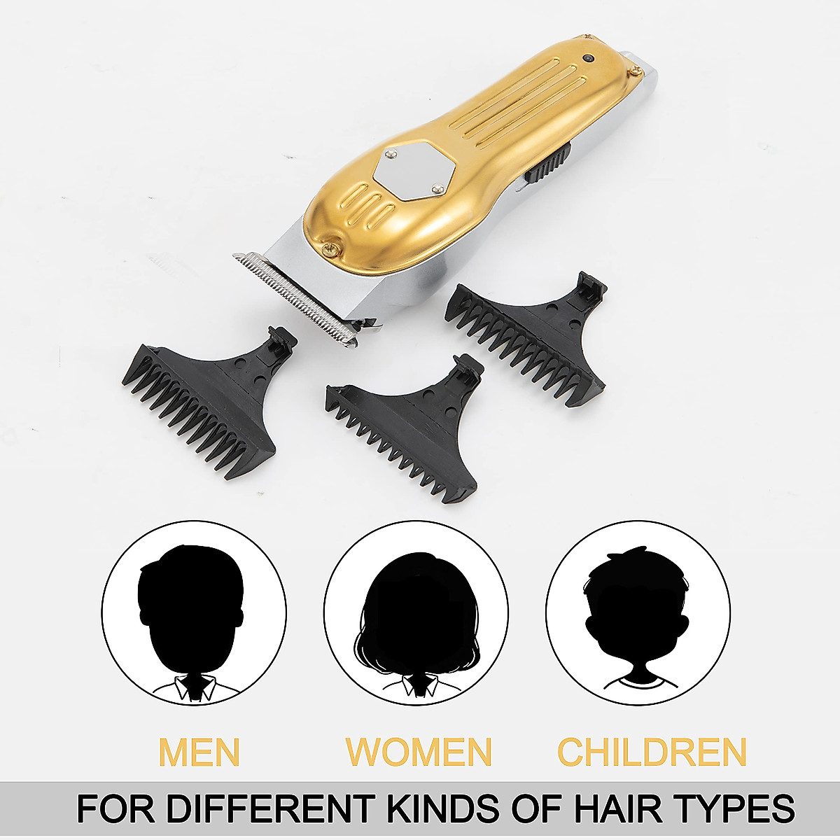 Rejoeven Hair Clipper, Rechargeable T-Blade Trimmer Kit Cordless Metal Hair Cutting Set Barber Clipper for Men, Women Kids with 3 Guide Comb, Professional Clippers Set for Barber and Home Use (Golden)