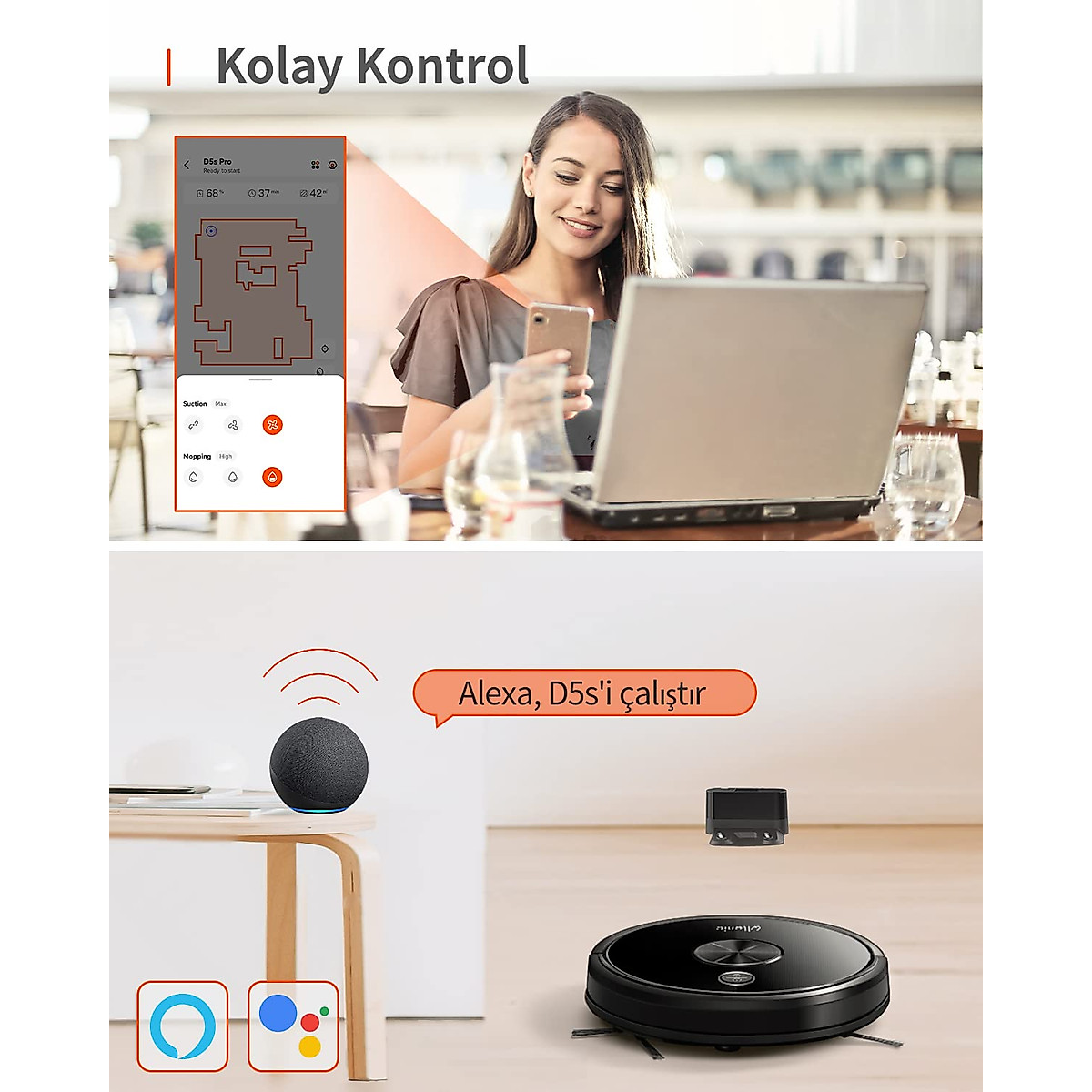 Ultenic D5s Pro Robot Vacuum and Mop Combo, 3000Pa Strong Suction, Row-by-Row Cleaning, APP Control, Self-Charging, Works with Alexa, Boundary Strips, Good for Pet Hair, Hard Floor and Carpet