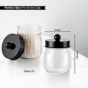 Farmhouse Decor Apothecary Jar Set,Mason Jar Bathroom Vanity Storage Organizer Canister - Qtip Holder Plastic Acrylic Jar for Cotton Swabs,Cotton Pads,Floss Picks,Paper Clips,Hair Clips(2 Pack,Black)