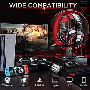 Foyose Gaming Headset for PS4 PS5 Xbox one PC, PS4 Headset with Noise Cancelling Mic, Soft Memory Earmuffs for Mac Laptop (Black RED), (YZ-US-GM2R)