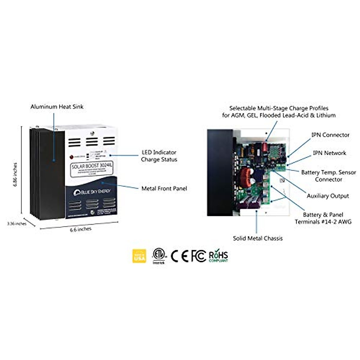 Blue Sky Energy Solar Boost SB3024iL MPPT Charge Controller 40A/30A, 12V/24V Battery. Auxiliary Output for Dual Battery Charge or 20A LVD Load Output