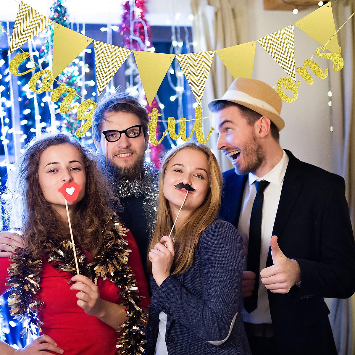 Boao 2 Pieces 2024 Gold Congratulations Graduation Banner Triangle Flag Banner Vintage Glitter Congratulations Banner Pennant for Wedding Baby Shower Ceremony Retirement Party Supplies