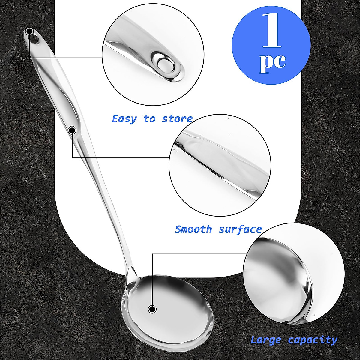 HANSGO Stainless Steel Soup Ladle, Cooking Spoon Large Capacity Spoon with Hole for Hanging for Home Kitchen, 13.8 Inches