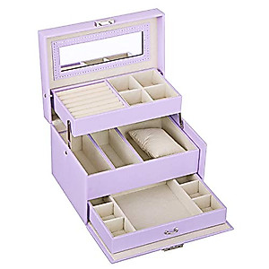 BEWISHOME Girls Jewelry Box Jewelry Organizer with Lock Mirror Jewelry Display Storage Case Holder Portable Travel Case for Women Girls Kids Purple SSH77P