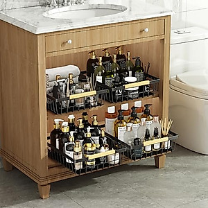 Pull Out Cabinet Organizer, AUFWORLD 2 Pack Heavy Duty Slide Out Drawers Fixed with Adhesive Nano Film, Pull Out Shelves for Kitchen Cabinets, Pantry, Bathroom Organization (Black, 2 Pack)