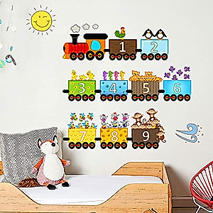 Colorful 9 Number Wall Decals, Creative Figures Sitting in The Train Wall Stickers, Interesting Early Education Digitals Wallpaper, Removable DIY Art Mural for Kids Bedroom, Nursery, Classroom