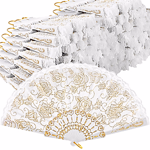 Wesiti 100 Pieces Rose Lace Floral Hand Fans Gold Retro Elegant Chinese Folding Fan White Vintage Bridal Handheld Dancing Fan Props for Wedding Party Church Ornaments