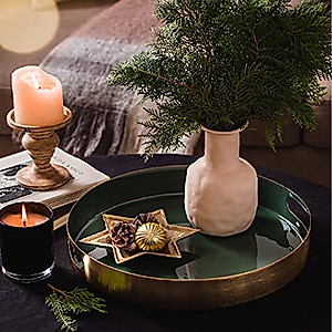 Serein Round Green Ottoman Tray for Living Room High Gloss Enamel Decorative Platter Gold Table Centrepieces Decor Gifts for Housewarming, Wedding, Friends & Family