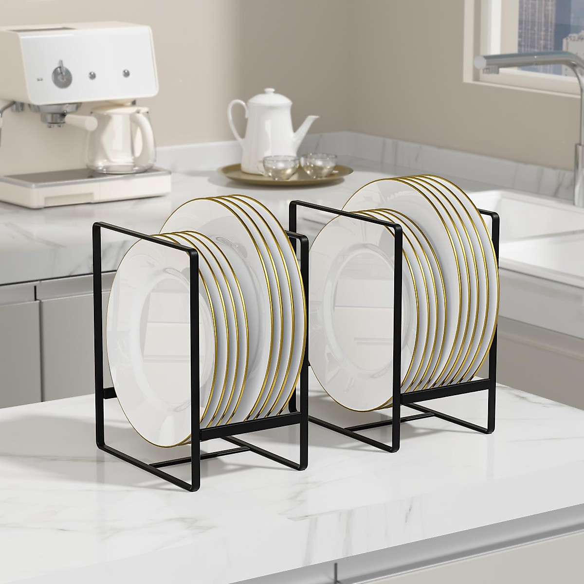 LINFIDITE Plate Holder Organizer 2 Pack Dish Storage Rack Upright Cabinet Dish Drying Rack Metal Dish Organizer Stand for Kitchen Counter Cupboard 7.9in. x 6.4in. x 4.5in.Black