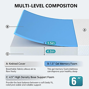 PayLessHere Queen Size Mattress,6 Inch Gel Memory Foam Mattress in a Box,Medium-Firm,Pressure Relief&Temperature Regulation,CertiPUR-US Certified,White