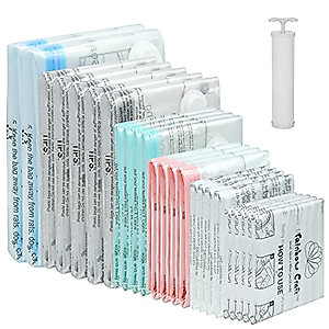 Rainbow Craft 24-PACK Vacuum Storage Bags for Cloths Space Saver Vacuum Bags for Blanket Including 2pc X-Jumbo, 5pc Jumbo, 4pc Large, 4pc Medium&9pc Hand Roll Cloth Bags - with FREE Pump