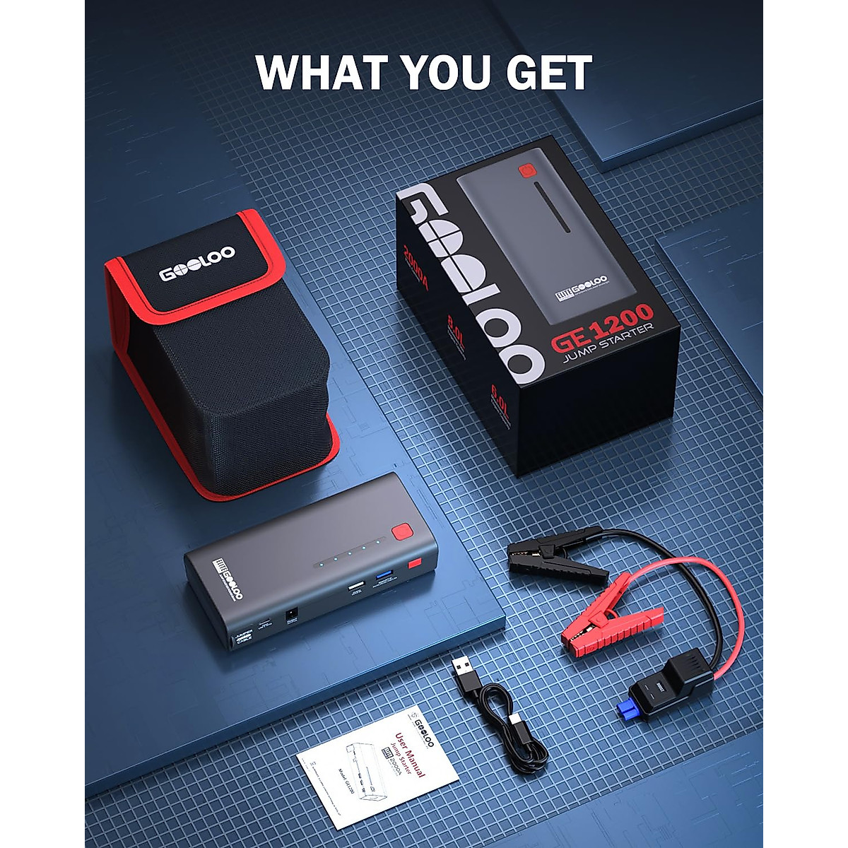 GOOLOO Jump Starter Battery Pack 2000A Peak SuperSafe Car Starter (Up to 8.0L Gas or 6.0L Diesel Engine) with USB Quick Charge and LED Light,12V Lithium Jump Box Booster Portable Charger,Gray