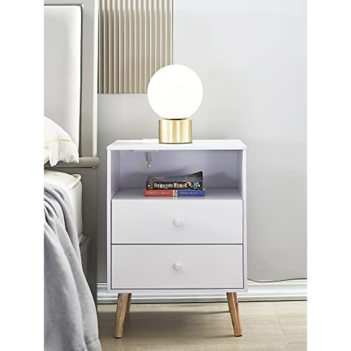 OBRICOL Night Stand,Charging Station Side Table, Functional End Table for Bedroom,Living Room (White)