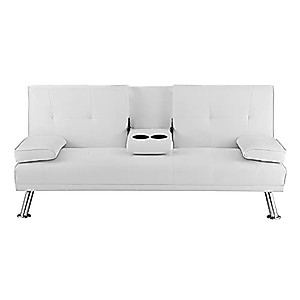 Futon Sofa Bed, Faux Leather Futon Couch with Armrest and 2 Cupholders, Pull Out Sofa Bed Couch Convertible with Metal Legs, Folding, Reclining Small Couch Bed, Futon Bed for Living Room - White
