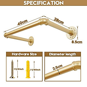 AddGrace Industrial Pipe Clothing Rack 20.5" Gold Clothing Rack DIY Heavy Duty Garment Rack 2Pack Wall Mounted Clothes Rack Closet Rod for Hanging Clothes (Gold) 52cm