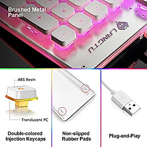 LANGTU Membrane Gaming Keyboard, Rainbow LED Backlit Quiet Keyboard for Office, USB Wired All-Metal Panel 25 Keys Anti-ghosting Computer Keyboard 104 Keys - L1 White/Silver…