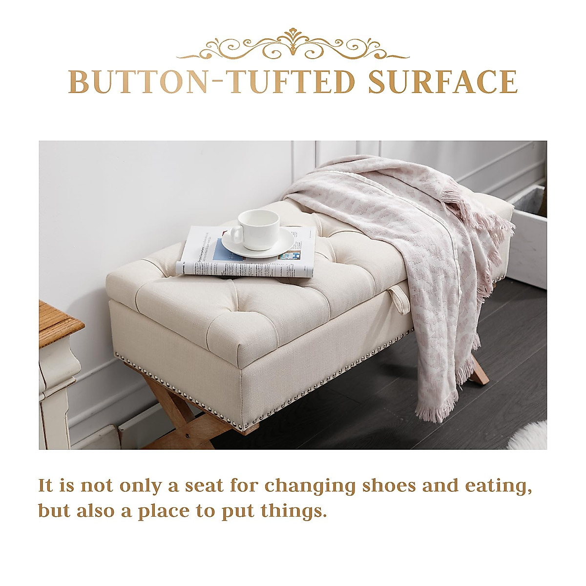 Bonzy Home Tufted Entryway Storage Bench, 36" French Vintage Bedroom Dining Room Benches with X-Shaped Legs, Fabric End of Bed Bench for Bedroom Dining Room Living Room Entryway, Beige