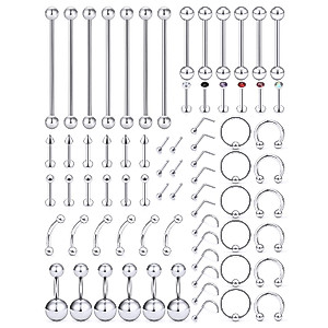 Vsnnsns 14G-20G Body Jewelry Piercing Lot Stainless Steel Nose Horseshoe Lip Tongue Eyebrow Septum Ring Cartilage Tragus Earrings Navel Belly Button Rings Barbells Body Piercing Jewelry Silver 72Pcs