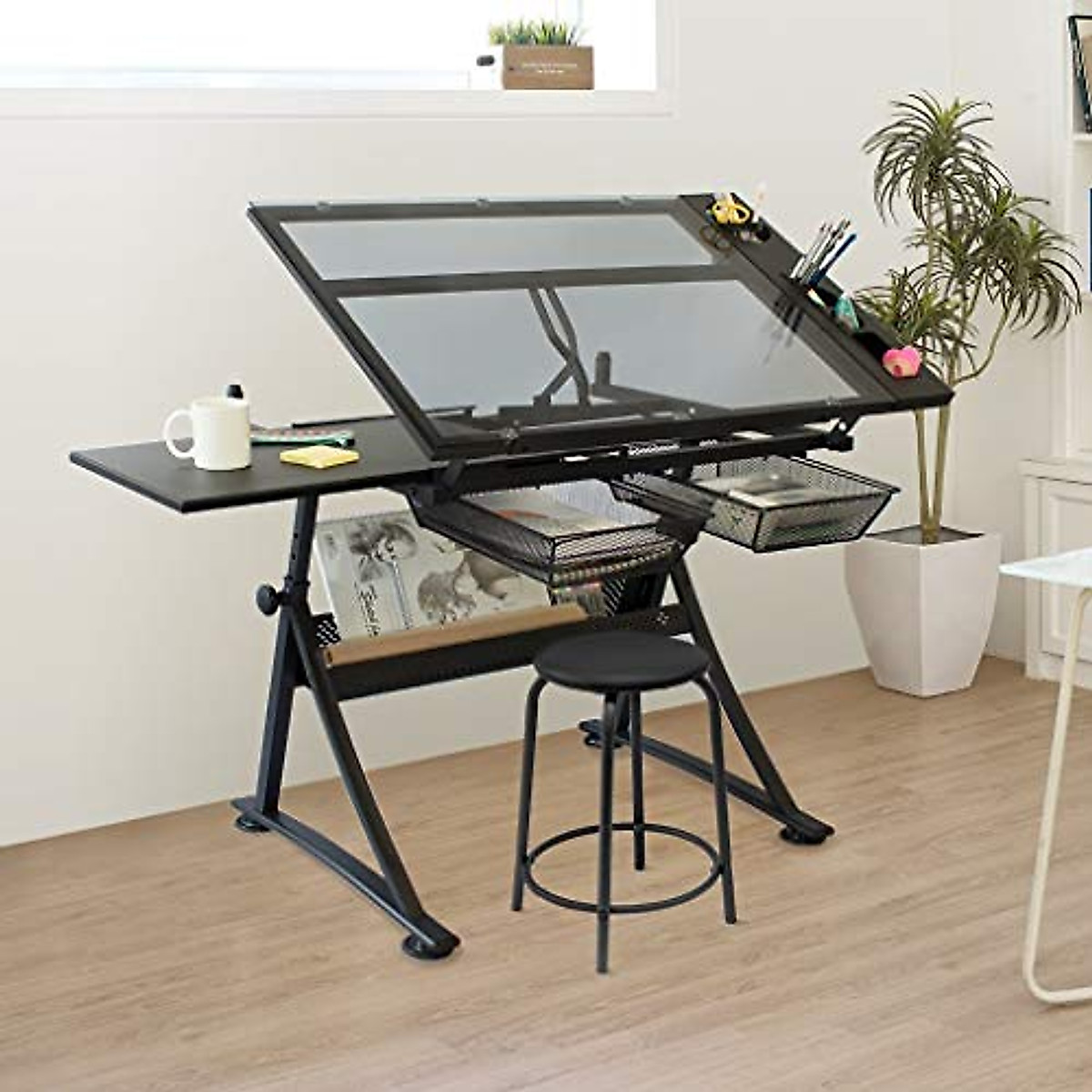 EESHHA Drawing Table Drafting Desk, Drafting Table with Storage, Height Adjustable Tiltable Art Desk, Glass Panel Drawing Desk, for Work Study Painting Craft Table