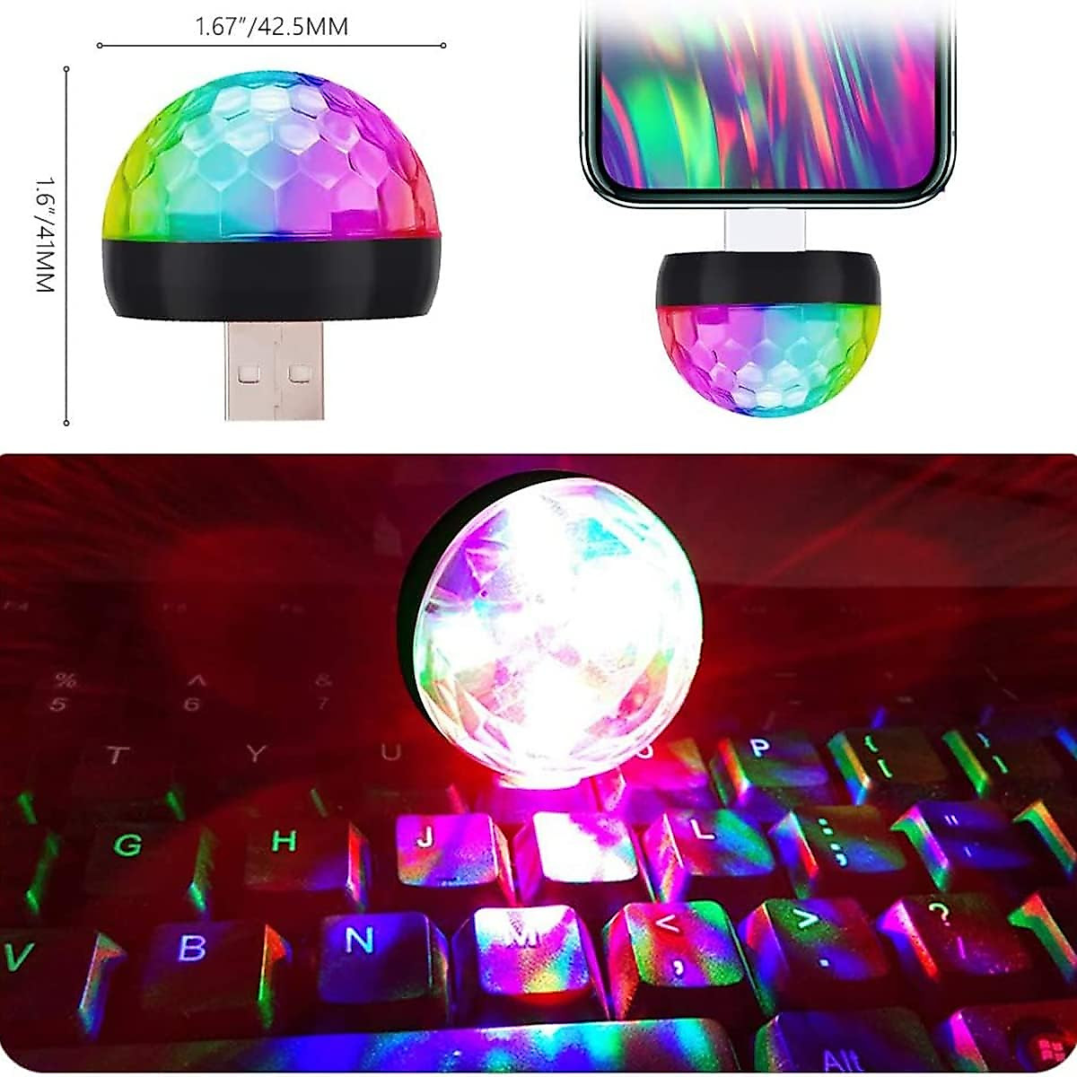 USB Mini Disco Light USB Mini Portable Disco Ball with Mobile Phone Adapter Disco Strobe Ball Party Light for Home Room Bedroom Car Decoration 4W RGBW (A)
