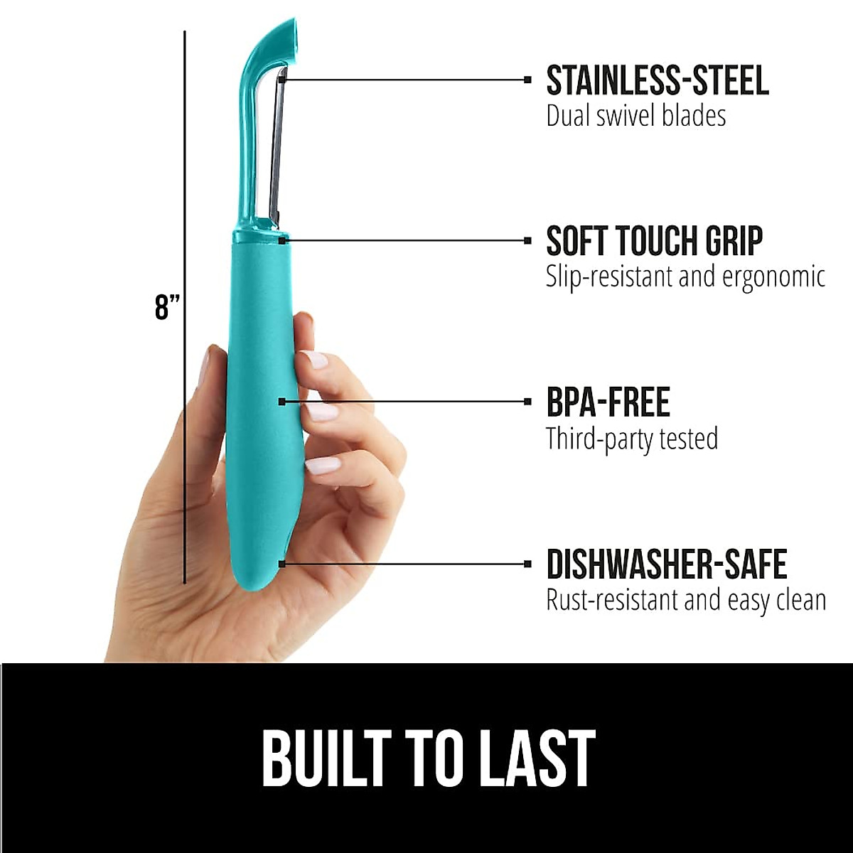 Gorilla Grip Hand Held Can Opener and Vegetable Peeler, Large Lid Openers Rust Proof, Kitchen Food Peelers Safe Blade Guard, Both in Turquoise, 2 Item Bundle