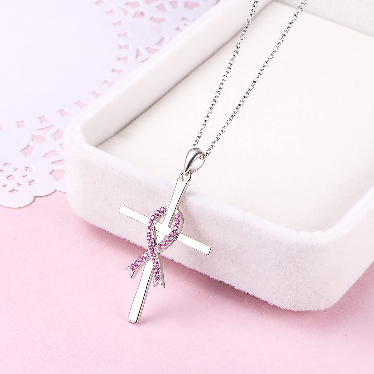 JZMSJF S925 Sterling Silver Faith Pink Ribbon Cross Pendant Necklace Breast Cancer Awareness Jewelry Gifts for Women