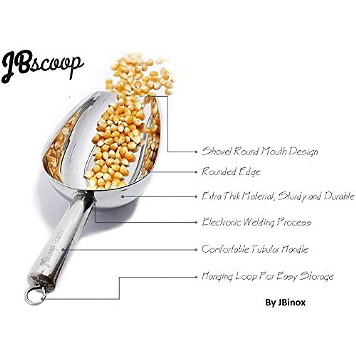 JBscoop Stainless Steel Scoop for ice, 9.6 Inch Metal Food Scoop Kitchen Bar Party Wedding Heavy Duty Dishwasher Safe - 8 Oz