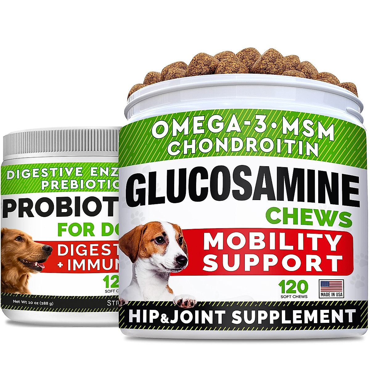 Glucosamine Treats for Dogs + Dog Probiotics Treats for Picky Eaters Bundle - Joint Supplement w/Omega-3 Fish Oil, Chondroitin, MSM and Digestive Support, Allergy, Gas and Constipation Relief