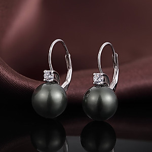 Black Pearl Earrings Pearl Dangle Earring Black Diamond Pearl Earring Cubic Zirconia Pearl Earring for Women Sterling Silver Pearl Leverback Earring Silver Pearl Drop Earrings 10mm Pearl Jewelry