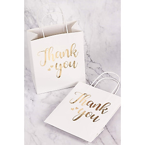 LaRibbons Medium Size Gift Bags - Gold Foil Thank You White Paper Bags with Handles for Wedding, Birthday, Baby Shower, Party Favors - 12 Pack - 8" x 4" x 10"