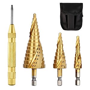 3Pcs HSS Spiral Step Drill Bit Set, 1/4" Hex Shank High Speed Steel Titanium Coated Cone Hole Cutter Bit with Automatic Center Punch for Drilling Plate Aluminum Metal Wood Hole (4-12mm/4-20mm/4-32mm)