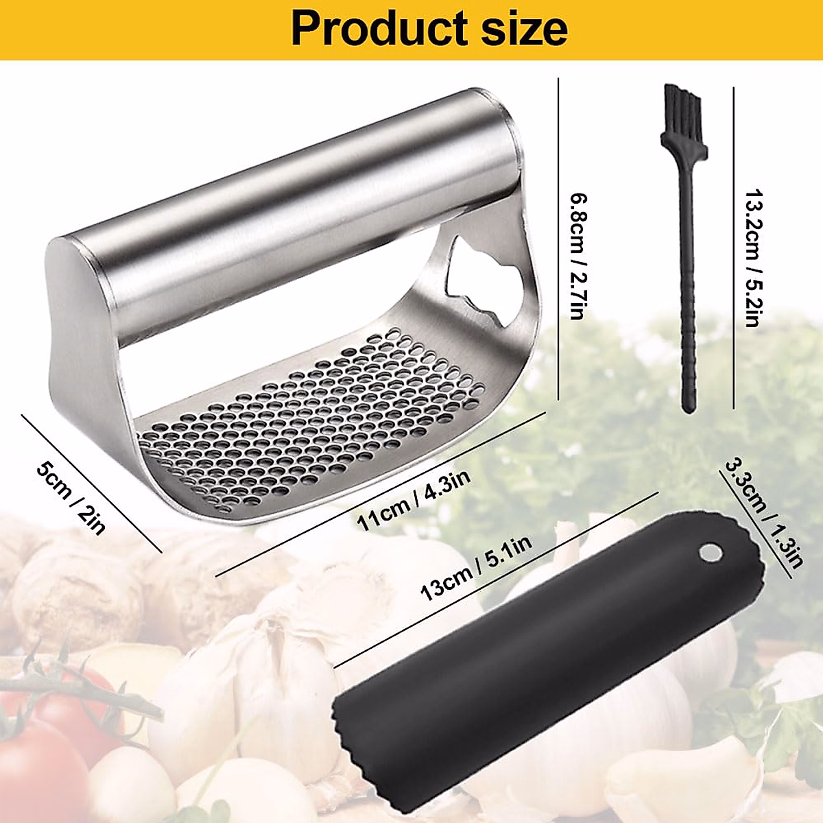 Stainless Steel Garlic Presser, 2024 New Garlic Press Rocker Garlic Mincer Garlic Press Stainless Steel, Garlic Chopper with Peeler and Cleaning Brush for Smash Garlic Kitchen Tools (A)