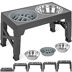 GUOOUG Elevated Dog Bowls with 2 Stainless Steel Bowls Raised Dog Bowl Adjusts to 5 Heights 3.1", 9", 10", 11", 12" Dog Bowl Stand for Large Medium Small Dogs Pets