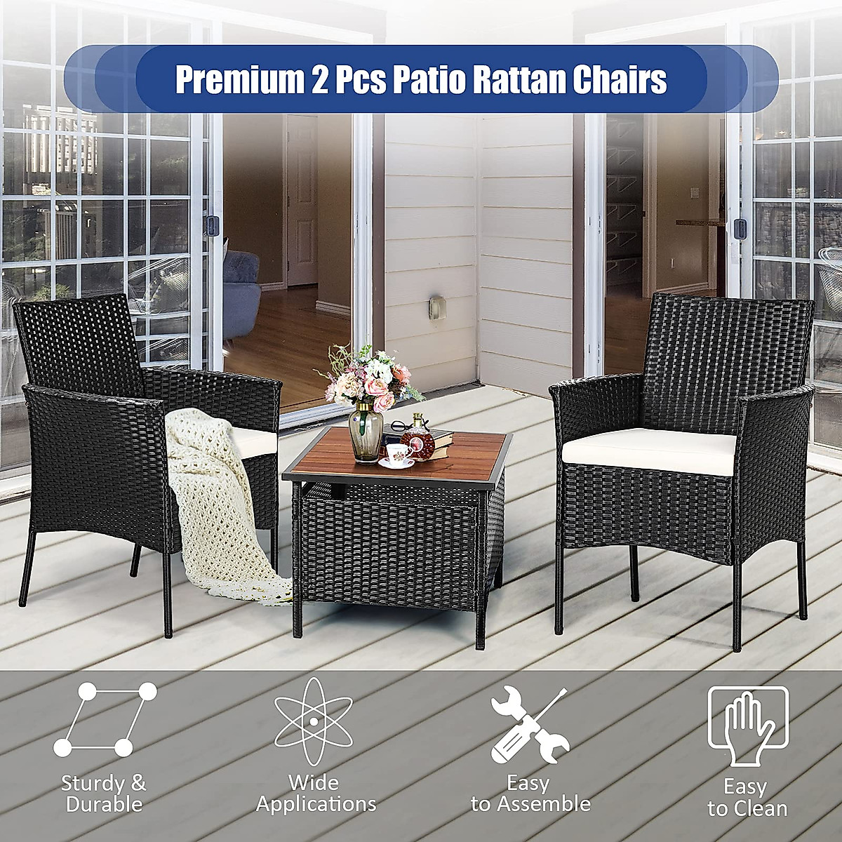 Patio Chairs Set of 2, All Weather Rattan Wicker Dining Chairs with Soft Removable Cushions, Armrest, Outdoor Dining Chairs for Garden, Pool, Backyard, Lawn, Porch, Black