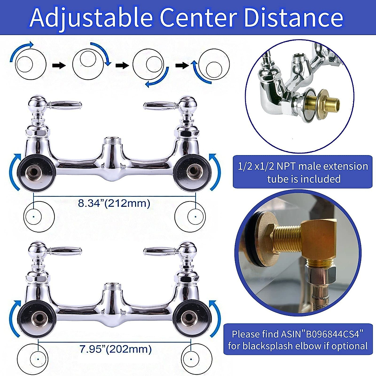8 Inch Center Wall Mount Commercial Sink Faucet with Sprayer, 36'' Height with Pull Down Pre-Rinse Sprayer, Thickened Hose with 12" spout for 2-3 Compartment Sink for Restaurant