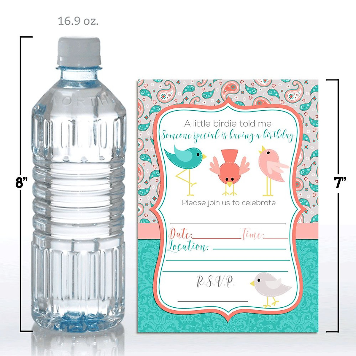 A Little Birdie Told Me Themed Birthday Party Celebration Invitations, 20 5x7 Fill In Cards with Twenty White Envelopes by AmandaCreation