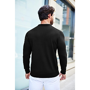 COOFANDY Men's Knit Polo Shirt Long Sleeve Vintage Golf Shirt Lightweight Sweater Black