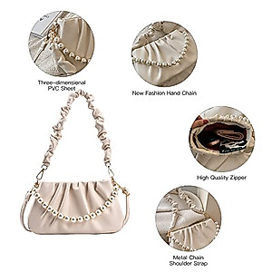 Clutch Purse Evening Shoulder Pleated Bag for Women Fashionable Tote Crossbody Handbags with Beaded Design Strap (White)