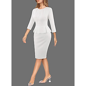 VFSHOW Womens Off-White Ivory Spring Fall Pleated Crew Neck Peplum Work Business Office Bodycon Pencil Sheath Dress 3587 WHT M
