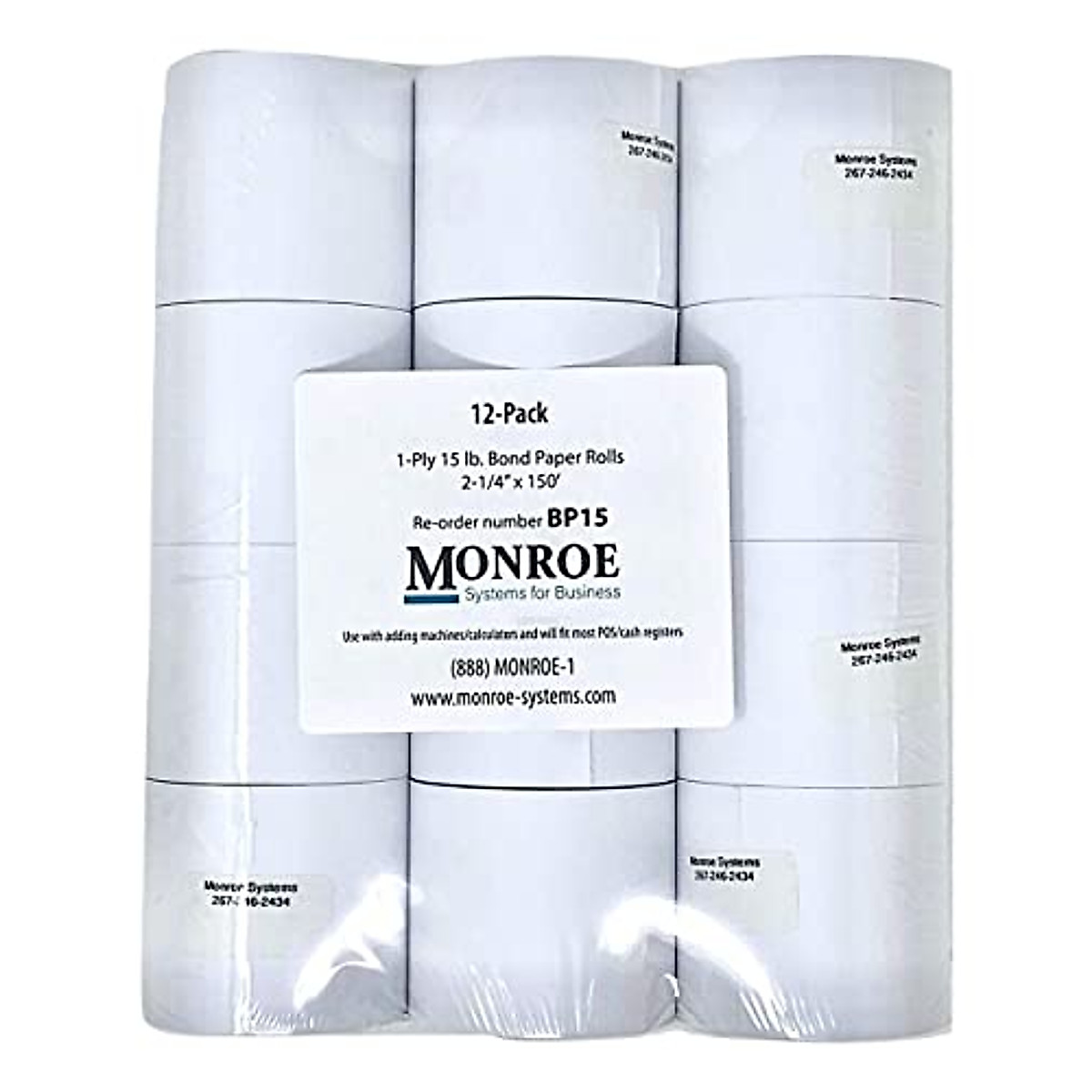 Monroe Systems for Business 15 Pound Bond Paper Rolls, Single Ply, 2 1/4" x150' for Cash Registers, Printing Calculators, Adding Machines and more! (12-Pack)