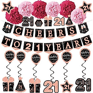 21st Birthday Decorations for her - (21pack) Cheers to 21 Years Rose Gold Glitter Banner for her, 6 Paper Poms, 6 Hanging Swirl, 7 Decorations Stickers. 21 Years Old Party Supplies Gifts for her