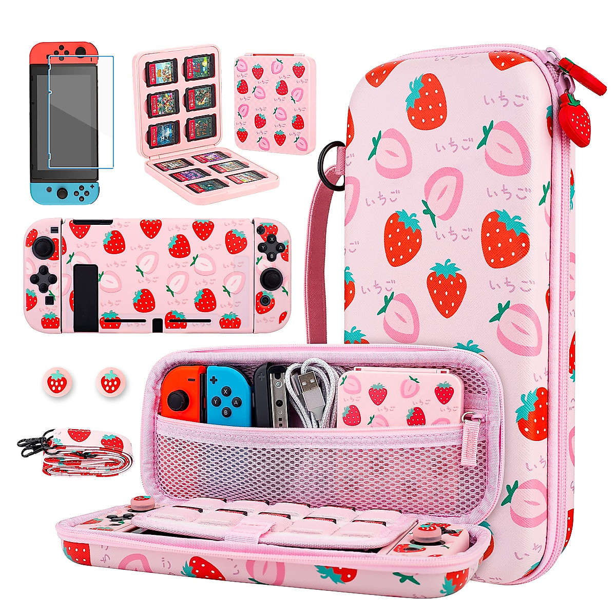 GLDRAM Pink Strawberry Carrying Case Bundle for Nintendo Switch Accessories, Cute Travel Case Kit with Soft TPU Cover, Game Case, Glass Screen Protector, Thumb Grip Caps, Shoulder Strap for Girls