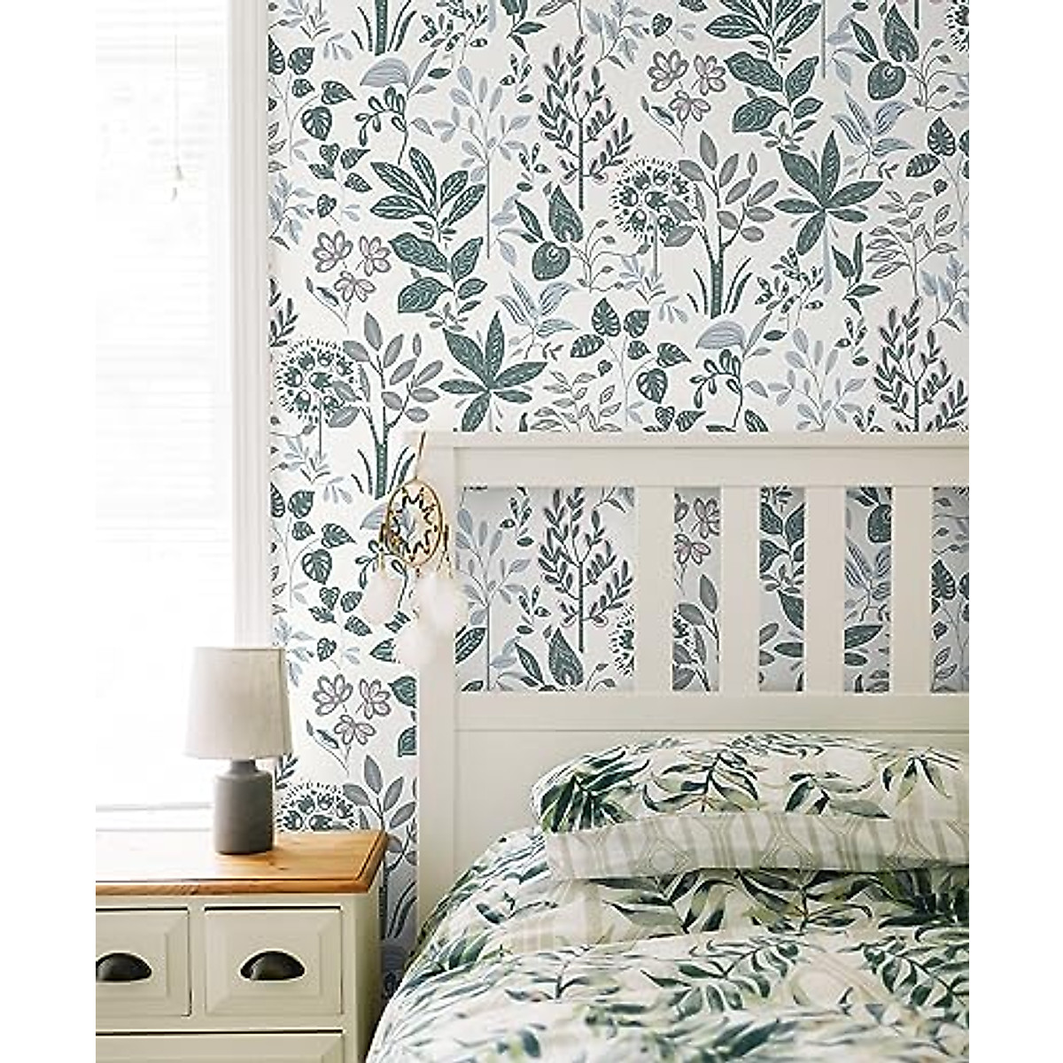 Vinjiasin Peel and Stick Wallpaper Floral Wallpaper Self Adhesive Removable 16.1"x 197" Contact Paper Boho Flower Leaf Wall Paper for Walls Furniture Creamy White/Green