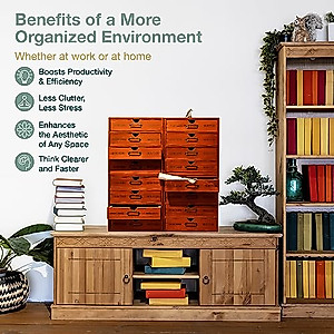 16-Drawer Wooden Storage Box (19.6”x6.89”x19.6”) VIntage Filing Cabinet in Walnut Wood - 16-Slot Wooden Desk Drawer Unit w/Label Holders & Handles - Multi Level Countertop Drawer Organizer