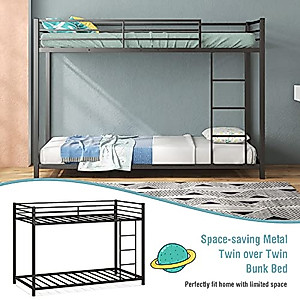KOMFOTT Metal Low Bunk Bed Twin Over Twin, Heavy Duty Bunk Bed Frame with Ladder & Full-Length Guardrails, Metal Slatted Floor Bed Frame for Teens & Adults, No Box Spring Needed (Black)