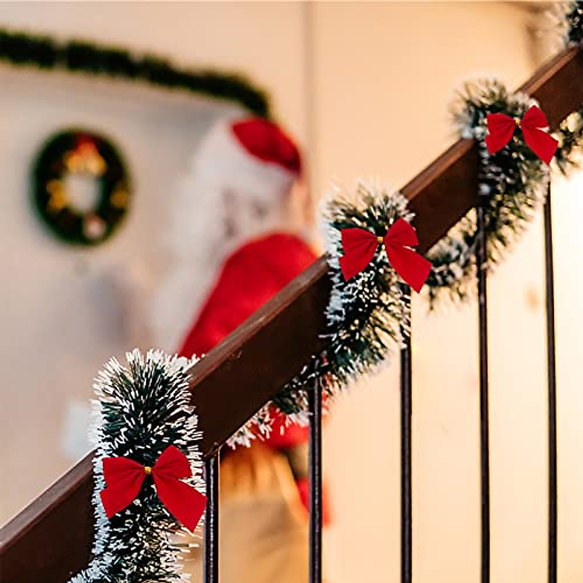 6.6 Feet Christmas Garland, CandyFouse Christmas Garland for Stairs Railing, Bowknot Garland Christmas Decorations for Tree in Home Indoor Outdoor, Holiday Wedding Party Supplies (Red)