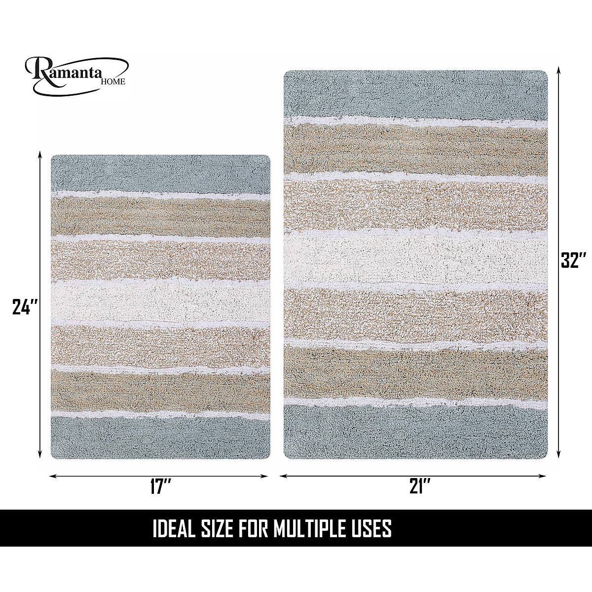 Quilted Stripe Luxury Bath Rug Set of 2, Mat Set, Soft Plush Anti-Skid Shower Rug +Toilet Mat.Quilted Rugs, Super Absorbent mats, Machine Washable Bath Mat,Size 21x32-17x24 Spa Grey-Beige