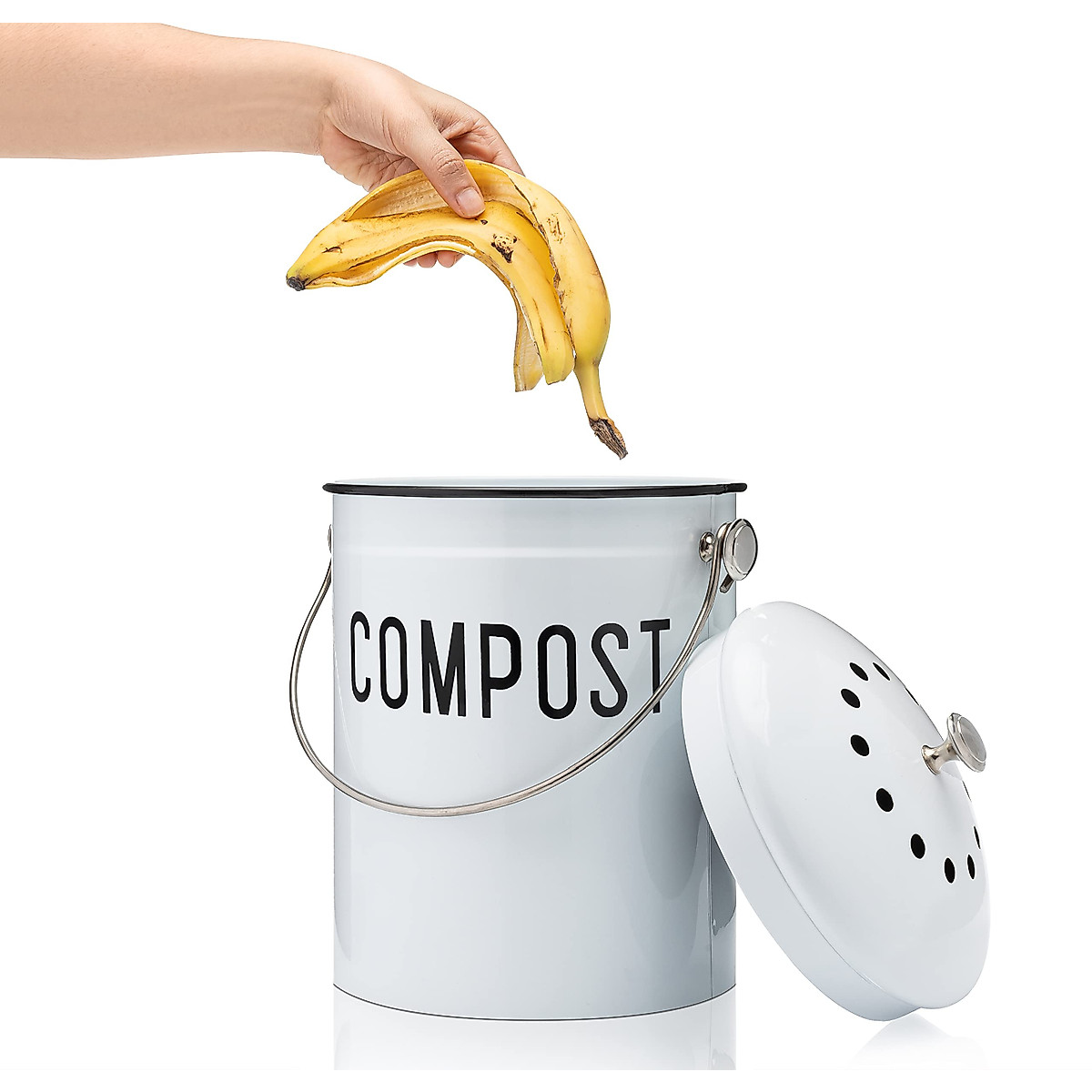 JRW Design White Kitchen Compost Bin Plus 2 Non-Smell Filters, 1.3 Gallon Farmhouse Bin for Countertop, Durable Bin Kitchen with Handle, Easy to Clean, Rust Proof Composting Bin, Compost Bucket