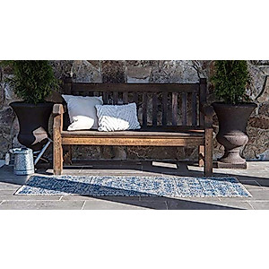 Unique Loom Outdoor Traditional Collection Area Rug - Timeworn (2' x 8' Runner, Blue/ Gray)